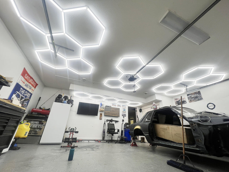 Hyperlite Hexagon Garage Lights 2-3 Grids | Bright Garage Lighting